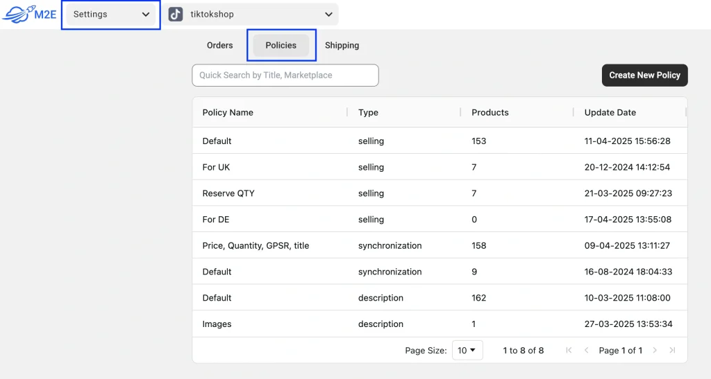 Managing M2E Policies - M2E Cloud User Guides